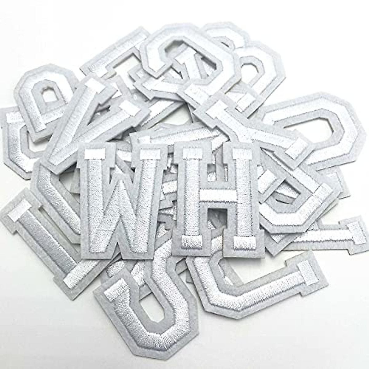 Jongdari Iron on Letters, 52 Pcs Alphabet Patches with Ironed Adhesive, Decorate Repair Patches for Shirts Jackets Hats Jeans Shoes Bags(White)