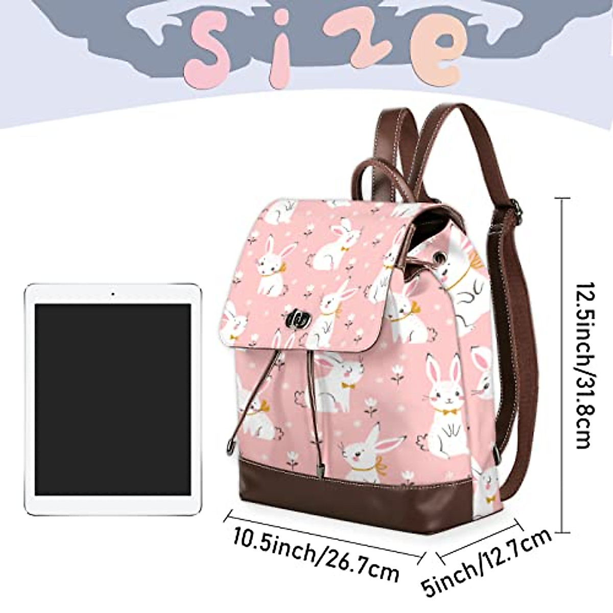 Cute Rabbit PU Leather Backpack Purse, Bunny Flower Shoulder Rucksack College School Bookbag Travel Daypack for Women Ladies