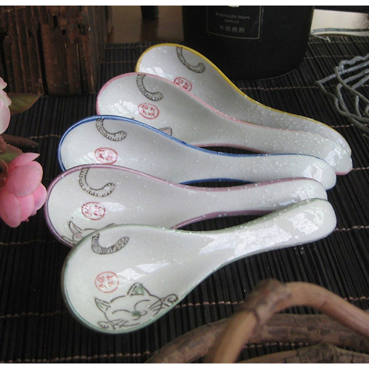 5pcs Ceramics Japanese Fortune Cat Lucky Cat Hand Painted Soup Spoons