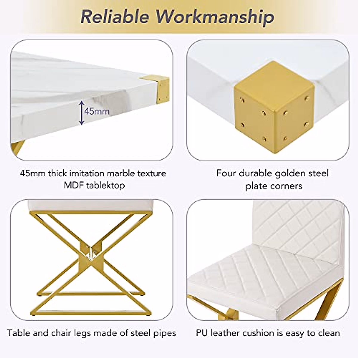 Merax 7-Piece Modern Furniture Set, Rectangular Marble Texture Kitchen Table, and 6 PU Leather Chairs with X-Shaped Gold Steel Pipe Legs for Dining Room, 7Pcs, White