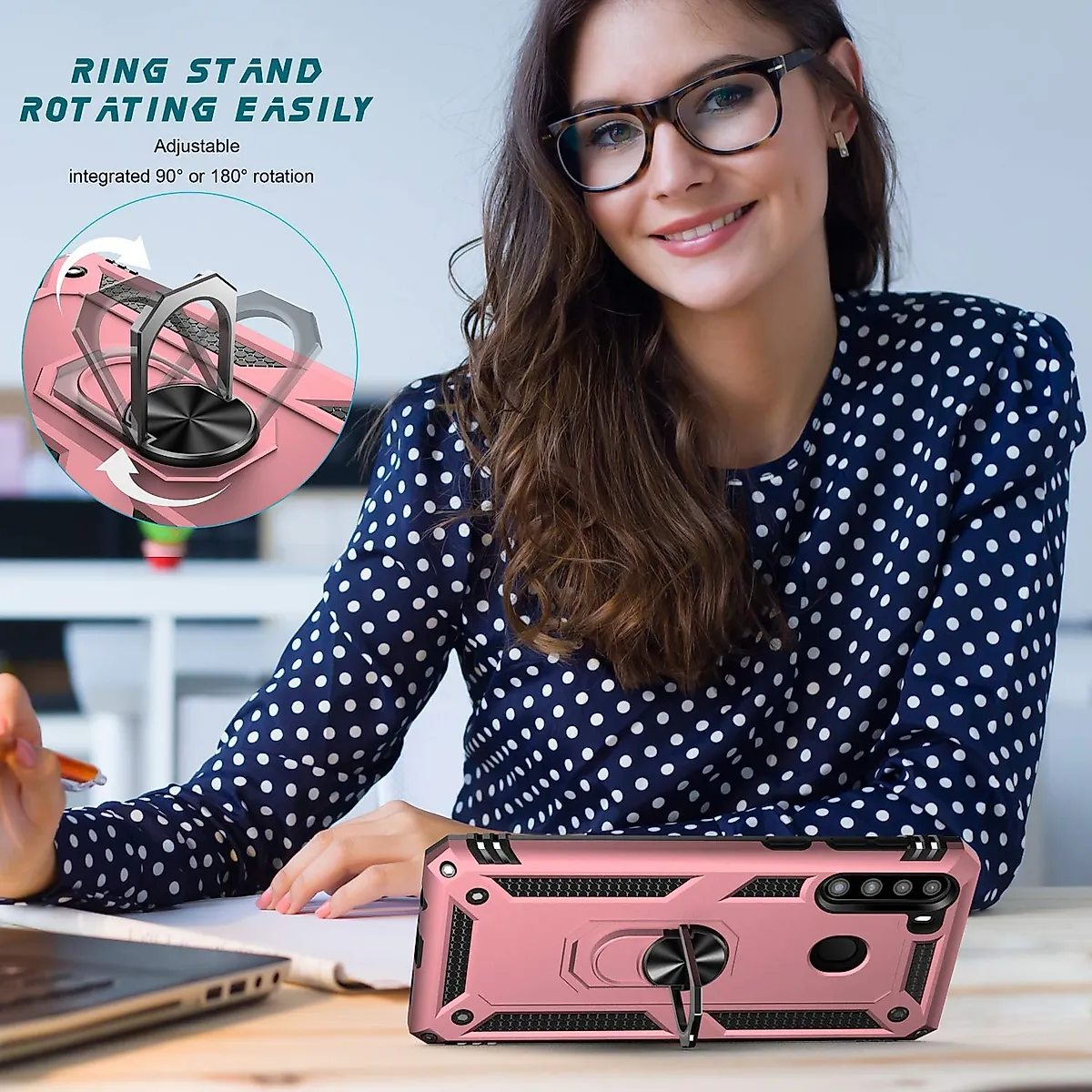 MERRO for Galaxy A21 Case with Screen Protector,Military Grade Heavy Duty Shockproof Protective Phone Cover Pass 16ft Drop Test with Magnetic Kickstand and Car Mount Holder Rose Gold Color