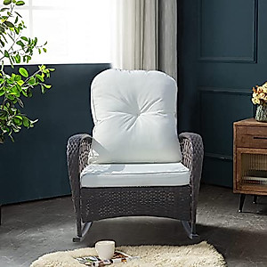 LoochMee PE White Rattan Rocker Chair,Garden Patio Wicker Rocking Chair/Furniture Sets with White Cushion,Modern Style for Outdoor&Indoor,Comfy Rocking Motion (White)