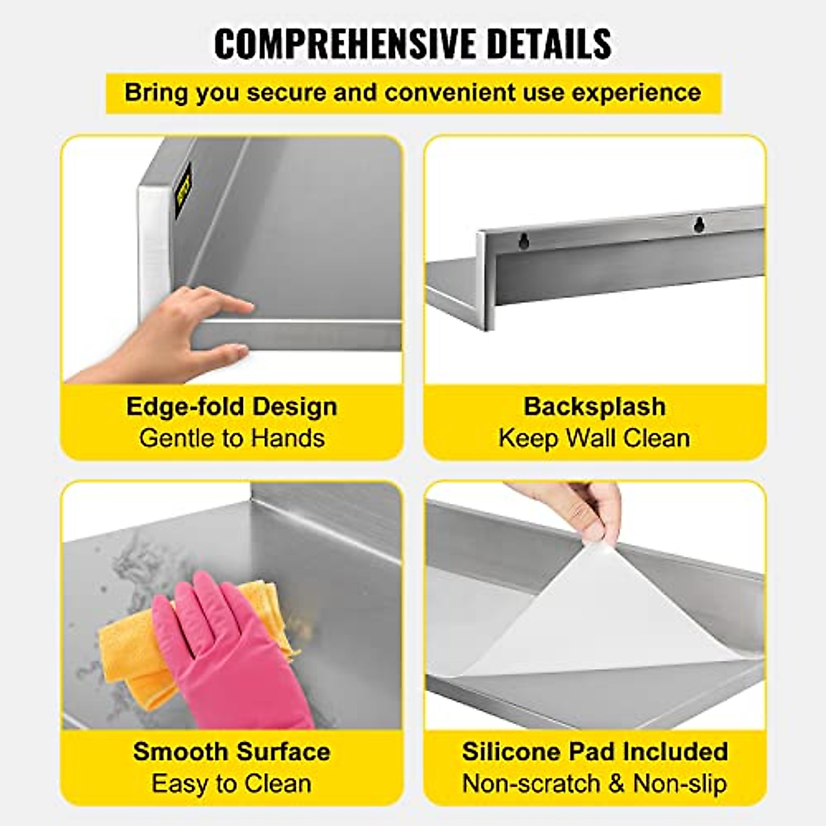 VEVOR Stainless Steel Wall Shelf, 8.6'' x 30'', 44 lbs Load Heavy Duty Commercial Wall Mount Shelving w/Backsplash for Restaurant, Home, Kitchen, Hotel, Laundry Room, Bar (1 Pack)