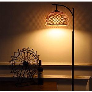 Bamboo Floor Lamp Rattan for Living Room,Bedroom,Farmhouse,Boho Standing Lamp with Control and Dimmable Bulb,Hand-Worked Woven Lamp Shades,Black Industrial Floor Light Adjustable Corner Tall Lamp