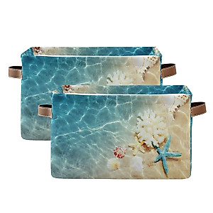 HMZXZ Starfish Beach Nautical Storage Basket Bin Ocean Seashell Large Fabric Toys Storage Cube Box with Handles Closet Collapsible Shelf Cloth Organizer Basket for Nursery Bedroom