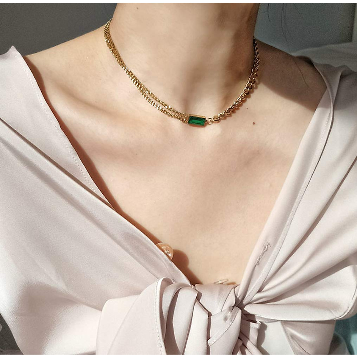 JA.S.JR 18K Gold Plated Emerald Choker Necklaces Chain Necklace Gold Statement Necklaces for Women