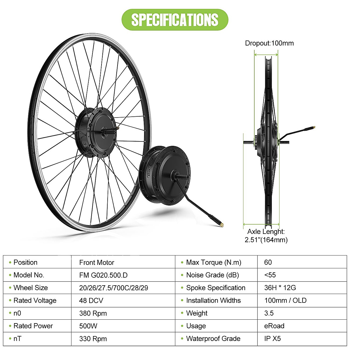 BAFANG 48V 500W Front Hub Motor Electric Bike Conversion Kit for 26 inch Wheel Drive Engine with DM03 LCD Display Without Battery and Charger