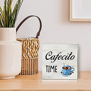 Cafecito Time Wood Box Sign Home Decor Rustic Kitchen Coffee Quote Wooden Box Sign Block Plaque for Wall Tabletop Desk Home Kitchen Decoration 5" x 5"