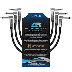Audioblast - 3 Units - 12 Inch - HQ-1 Braid (Black) Flexible -Dual Shielded(100%)-Guitar Instrument Effects Pedal Patch Cable w/Eminence Right-Angled ¼ inch (6.35mm) TS Plugs & Double Staggered Boots