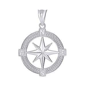 Nautical Jewelry 14k White Gold Round North Star Compass Adventures Charm Pendant
