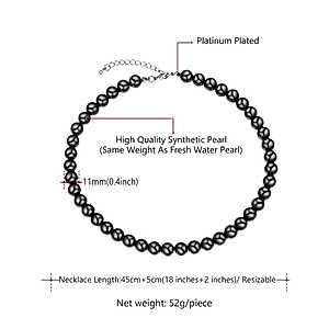 Women Choker Necklace Black Pearl Strand Necklace Bride Jewelry 10mm Big Faux Pearl Necklaces 18"