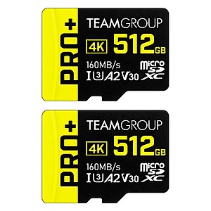 TEAMGROUP A2 Pro Plus Card 512GB x 2 Pack Micro SDXC UHS-I U3 A2 V30, R/W up to 160/110 MB/s for Nintendo-Switch, Steam Deck, Gaming Devices, Tablets, Smartphones with Adapter TPPMSDX512GIA2V3064