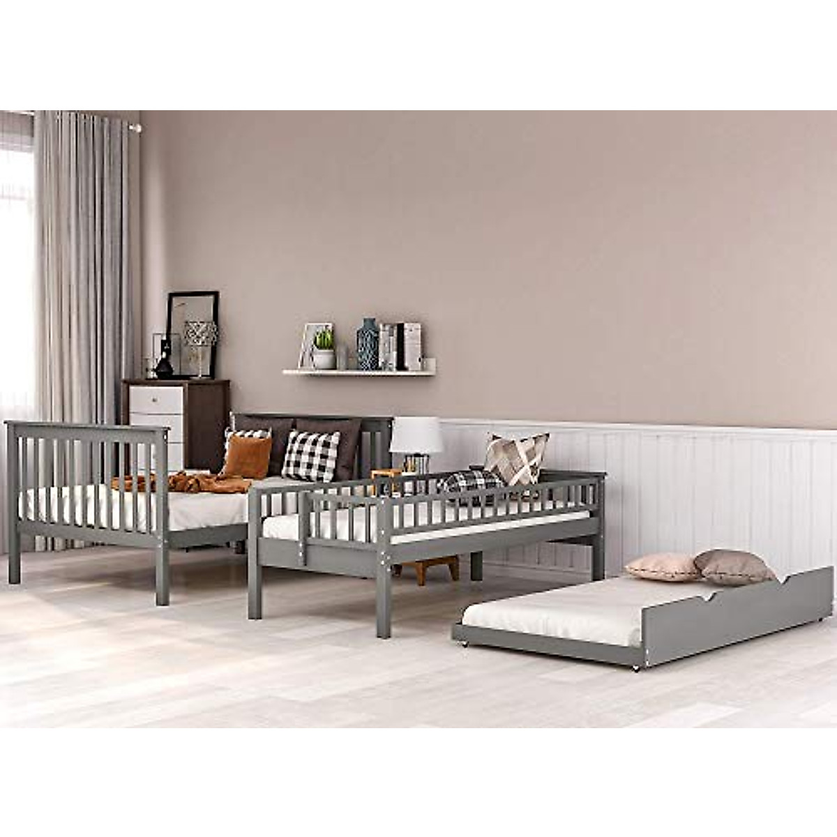 Merax Twin-Over-Full Stairway Bunk Bed with Shelves and Ladder (Grey, Twin Over Full with Trundle)