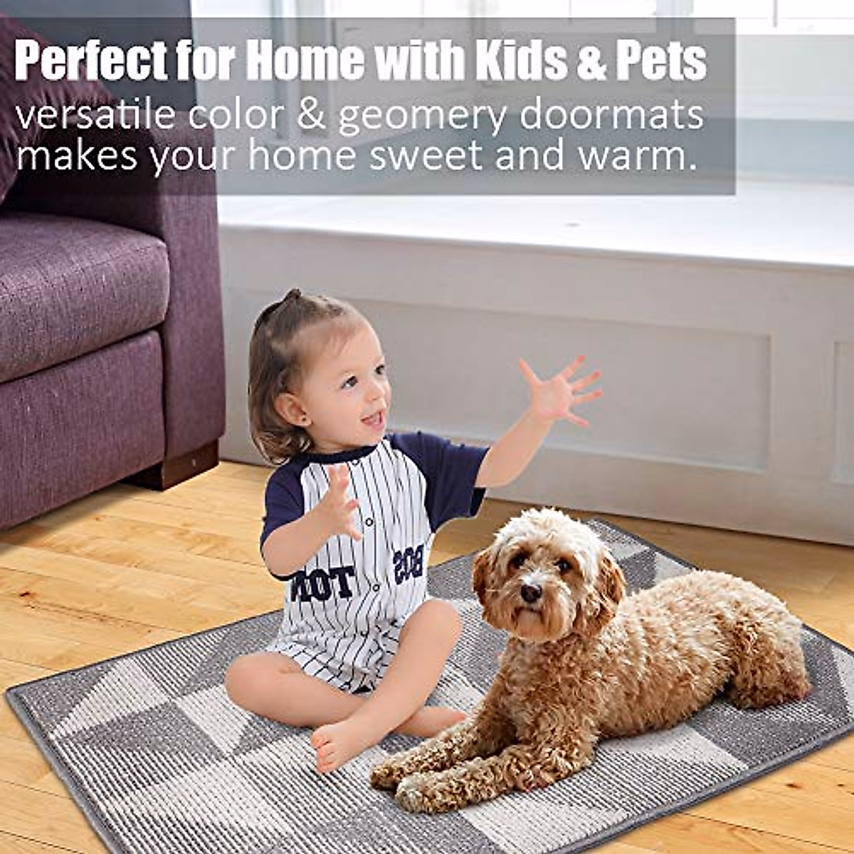 Indoor Doormat 32"x 48", Absorbent Front Back Door Mat Floor Mats, Rubber Backing Non Slip Door Mats Inside Mud Dirt Trapper Entrance Front Door Rug Carpet, Machine Washable Low Profile-Grey Geome