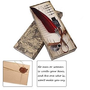 Feather Pen, Quill Pen Antique Dip Pen Set - Acogedor Calligraphy Feather Dip Quill Pen Set - Writing Quill Ink Dip Pen with 5 Replacement Nibs and Pen Nib Base, for Stationery Gift (Red)