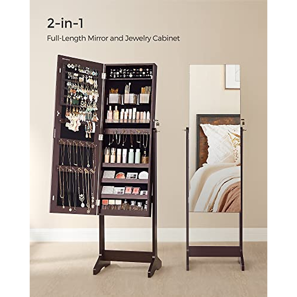 SONGMICS Jewelry Cabinet Armoire, Freestanding Lockable Storage Organizer Unit with 2 Plastic Cosmetic Storage, Full-Length Frameless Mirror, for Necklace Earring, Brown UJJC002K01