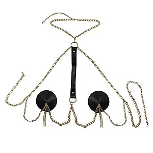 Caviotess PU Leather Metal Chain Tassel Nipple Cover with Choker, Sexy Reusable Round Pasties Bondage Body Chain Harness Black