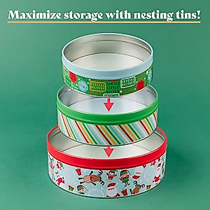 3 Christmas Cookie Tins- Round Christmas Cookie Tins with Lids for Gift Giving, Christmas Tins Holiday Cookie Boxes, Christmas Tins for Cookies and Gifts- 3 Nested Metal Cookie Tins