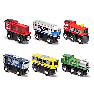 maxim enterprise, inc. Wooden Train Engines and Cars, Rolling Locomotive Engines with Magnetic Links for Pulling Wooden Rail Cars, Compatible with Major Brand Wooden Railway, 6 Pcs Set