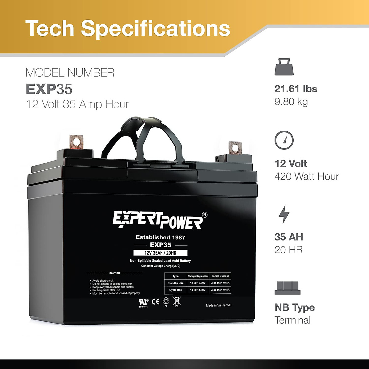 ExpertPower 12 V 35 AH EXP 12350 Sealed Lead Acid Battery Deepcycle Solar Energy Storage