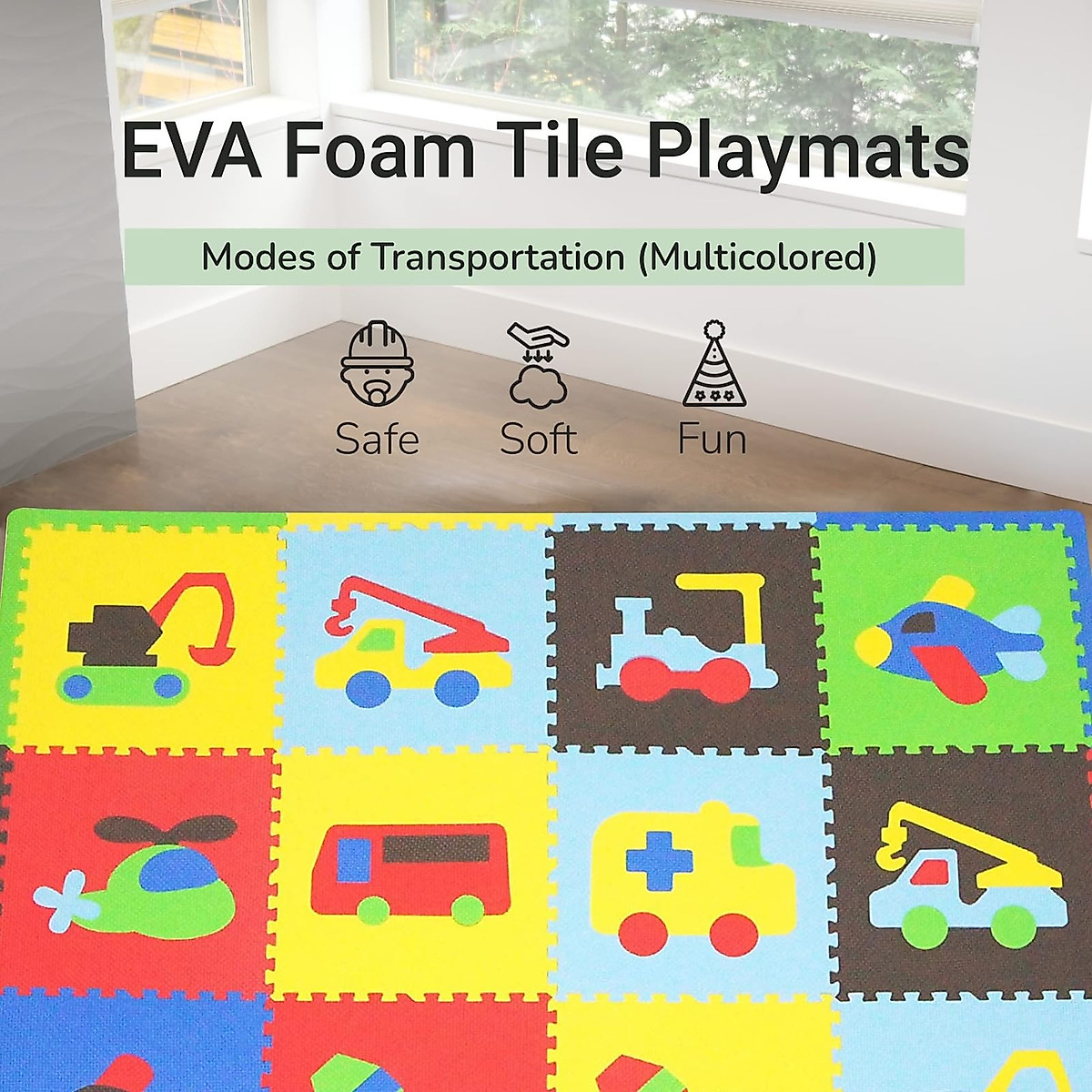 Tadpoles 16 Tiles Transportation Playmat for Kids | Interlocking Tiles with 16 Border Pieces | Soft EVA Foam | Safe & Durable | Total Floor Coverage 50” x 50” | Ages 3 & Up | Multicolor