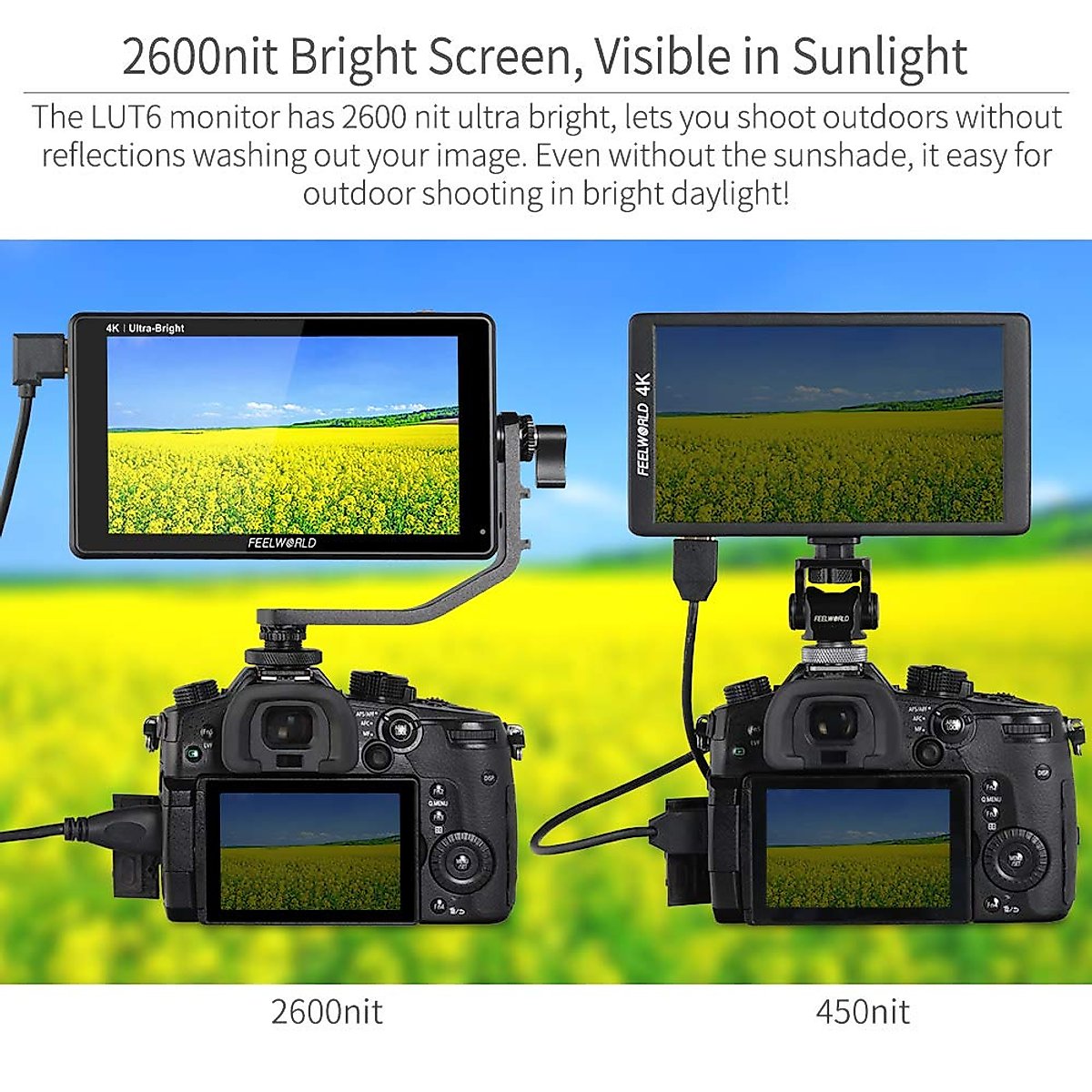 FEELWORLD LUT6 6 Inch 2600nits HDR 3D LUT Touch Screen DSLR Camera Field Monitor with Waveform VectorScope Histogram 4K HDMI Input Output 1920X1080