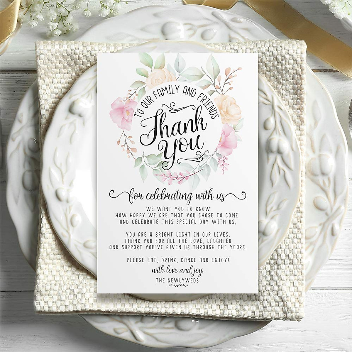 Wedding Thank You Place Cards - Set of 50 - Floral Wedding and Newly Weds Accessories, Wedding Planning Supplies, Great for Guest Dinner Table Settings, Blank Stationery