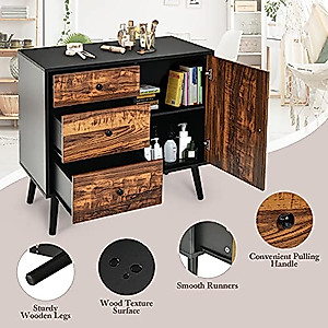 Tangkula Retro Storage Cabinet, Wood Floor Cabinet with 3 Drawers and 1 Cabinet w/Adjustable Shelf, Accent Cabinet for Living Room Entryway Home Office, Rustic Brown (Retro)
