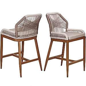 Counter Height Bar Stools Set of 2, 24.8" H Rattan Bar Stools, Home Back Dining Chair, Modern Patio Bar Stools with Backrest and Arm, Comfortable Simple and Beautiful Counter Chair