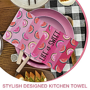 Seliem Summer Life is Sweet Watermelon Kitchen Dish Towel Set of 2, Red Pink Stripes Hand Towel Drying Baking Cooking Cloth, Spring Seasonal Farmhouse Home Kitchen Decor 18x26 Inch