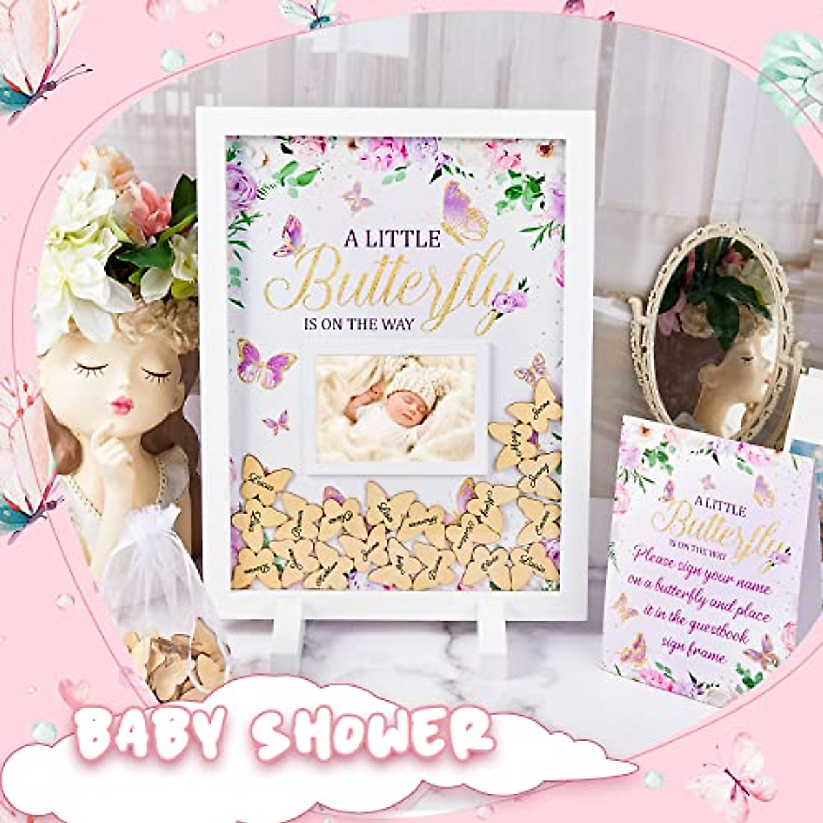 65 Pieces Butterfly Baby Shower Guest Book Alternative Set 60 Pieces Butterfly Token Baby Shower Sign in Guest Book Baby Keepsake Signature Book Picture Frame with Wooden Stand Storage Bag and Pen