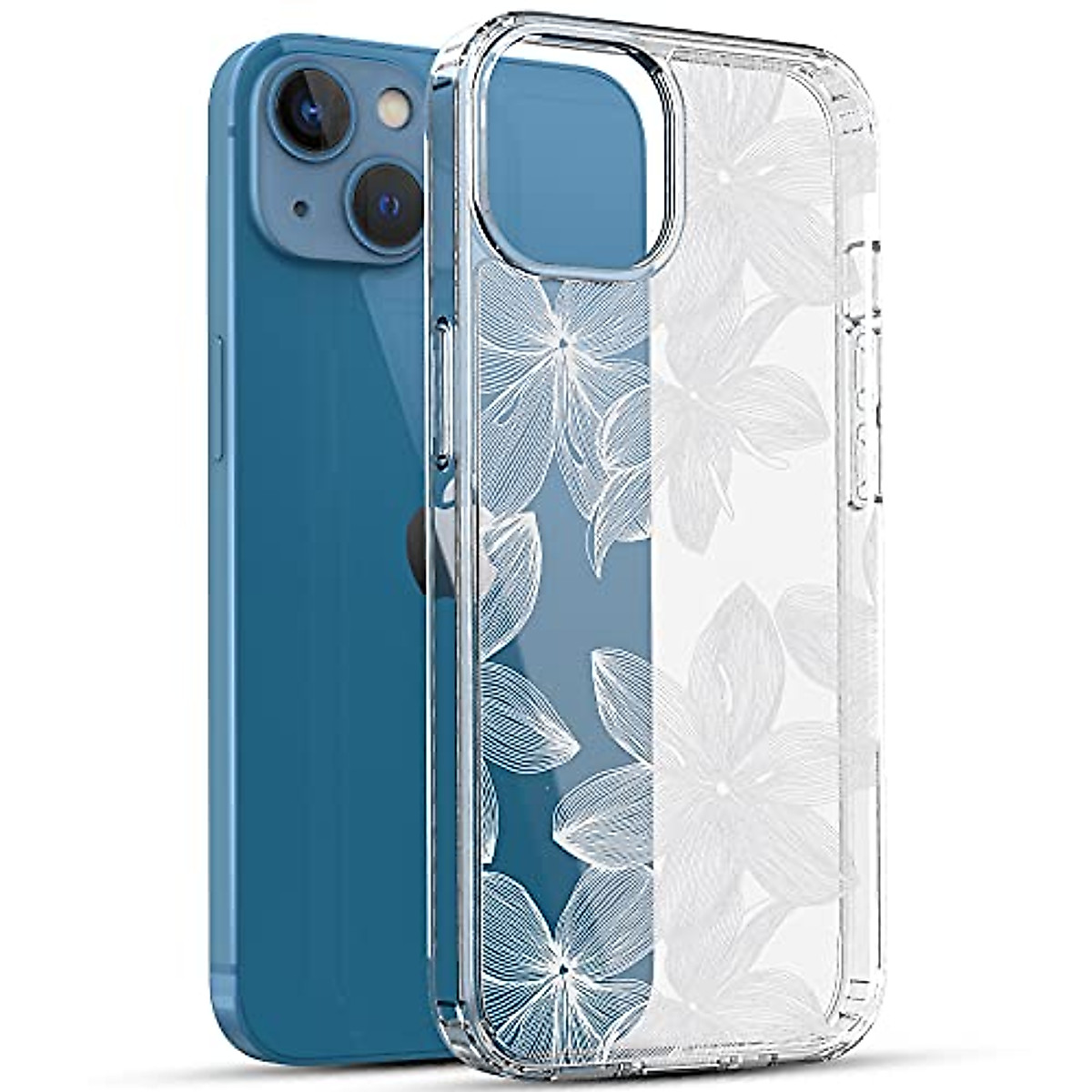 RANZ iPhone 13 Mini Case, Anti-Scratch Shockproof Series Clear Hard PC+ TPU Bumper Protective Cover Case for iPhone 13 Mini (5.4") - White Flower