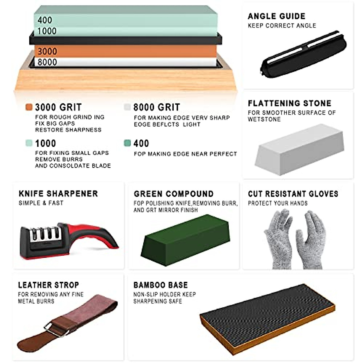 Knife Sharpening Stone Set, 4 Side Grit 400/1000 3000/8000 Whetstone, Professional Knife Sharpener, Knife Sharpening Stone Kit with Bamboo Base,Cut Resistant Gloves,Angle Guide and Leather Strop