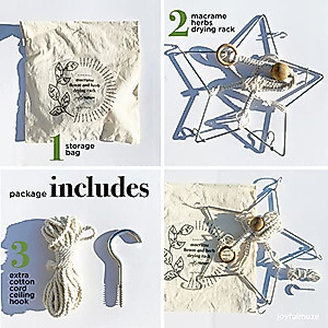 Generic Handcrafted Herb Drying Rack Flower Drying, Boho Star Kitchen Decor Dryer, Plant Hanger Indoor, Macrame Mobile Hanging Gift for Gardener and Lover, 6 Hooks, FLOWERHERB01, Ivory