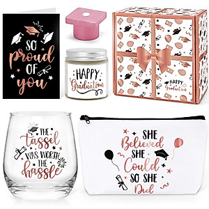 Levfla Graduation Gifts Set, Congratulations Present Box for Her Girl Women College Student with Pre-Packed Wine Glass Grad Cap Bath Bomb Makeup Bag Candle Card Rose Gold