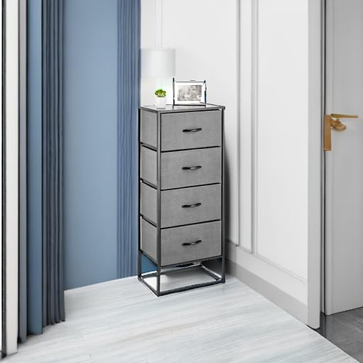 mDesign Tall, Vertical 4-Drawer Dresser Storage Tower - Sturdy Steel Frame, Easy Pull Fabric Bins/Wood Handles - Organizer Unit for Bedroom, Hallway, Entryway, Closets - Charcoal Gray