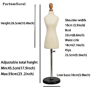 Parfumfloral Female Dress Form Mannequin（Not Adult Full Size 1/4 Miniature Sewing Mini Trouser Dress Form Straightly Into Body Inside, Fully Pinnable Dressmaker Dummy (Skirt Torso Beige, 1/4)