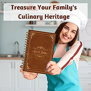 A5 (5.5” x 8.5”) Recipe Book to Write in Your Own Recipes, Durable Gloss Laminated Cover, Gold Spiral Binder, Gold Leaf Vintage Leather Look, 100 Pages Paper, Family Heirloom Keepsake