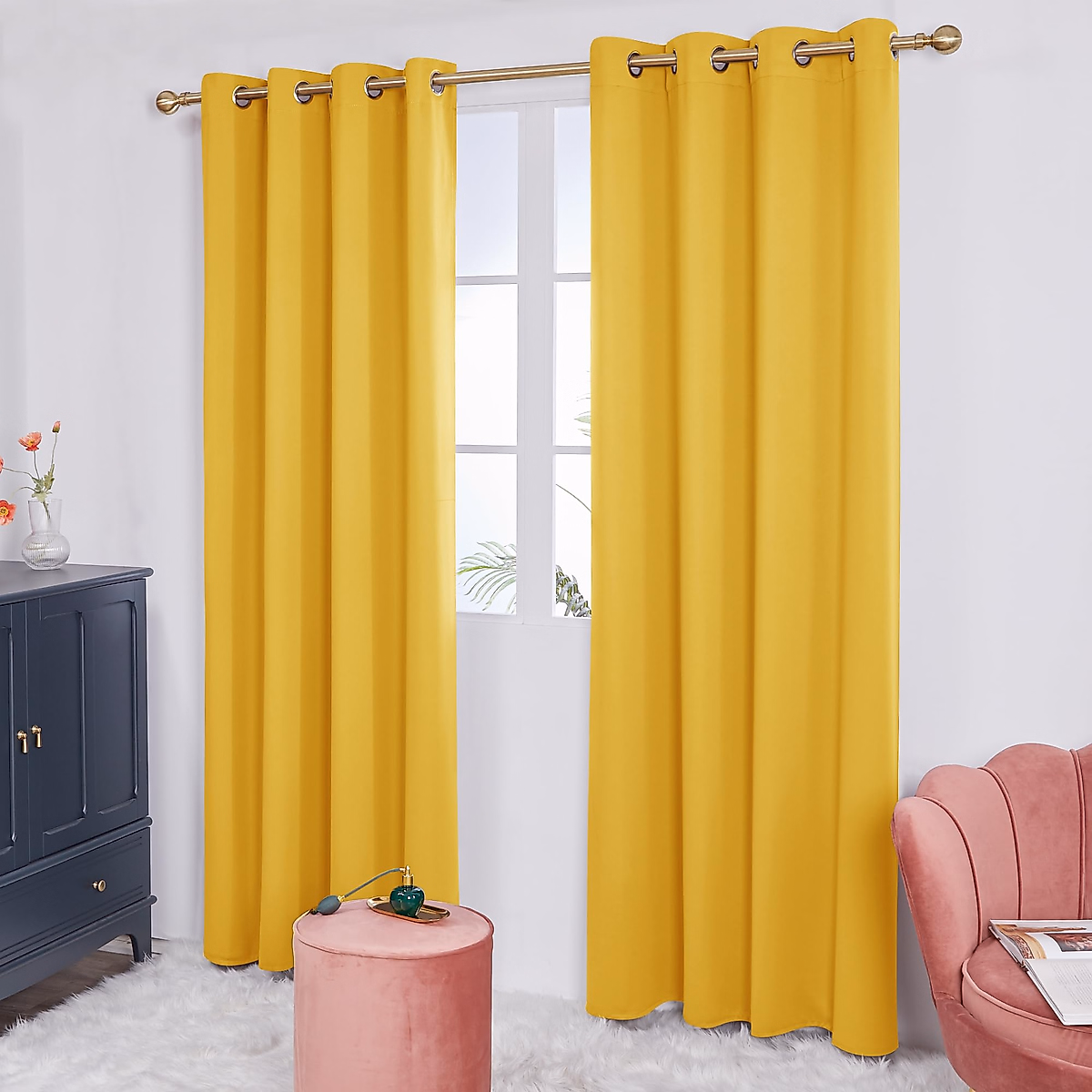 Deconovo Yellow Curtains for Living Room, Blackout Drapes, Soundproof Window Curtain Panels, Grommet Top (Mellow Yellow, 52x84 Inch, Set of 2)