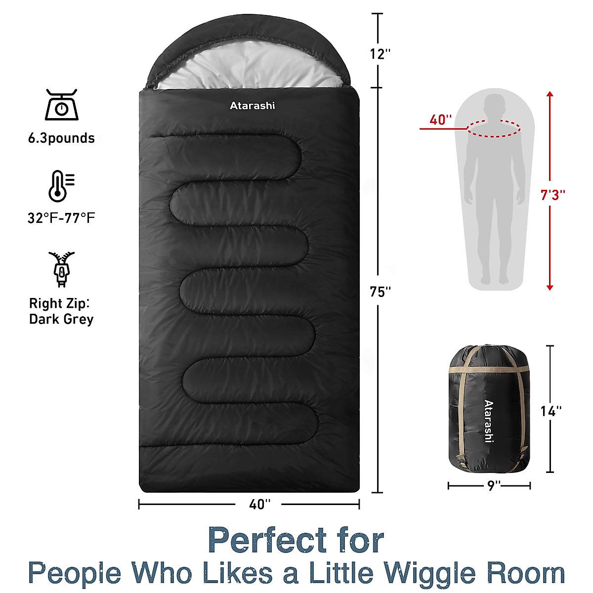 Atarashi Wide Sleeping Bags for Adults, Mens Black Sleeping Bags for Camping, Hiking and Outdoors, 3-4 Seasons Warm Cold Weather, Lightweight, Portable, Large Size with Compression Sack, 40''X87''