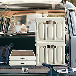 2 Packs Collapsible Storage Bins with Wood Lids, Large Foldable Plastic Storage Bins, Heavy Duty Folding Storage Box Organizer Container for Outdoor Camping Picnic Indoor Home Room Closet (50L)