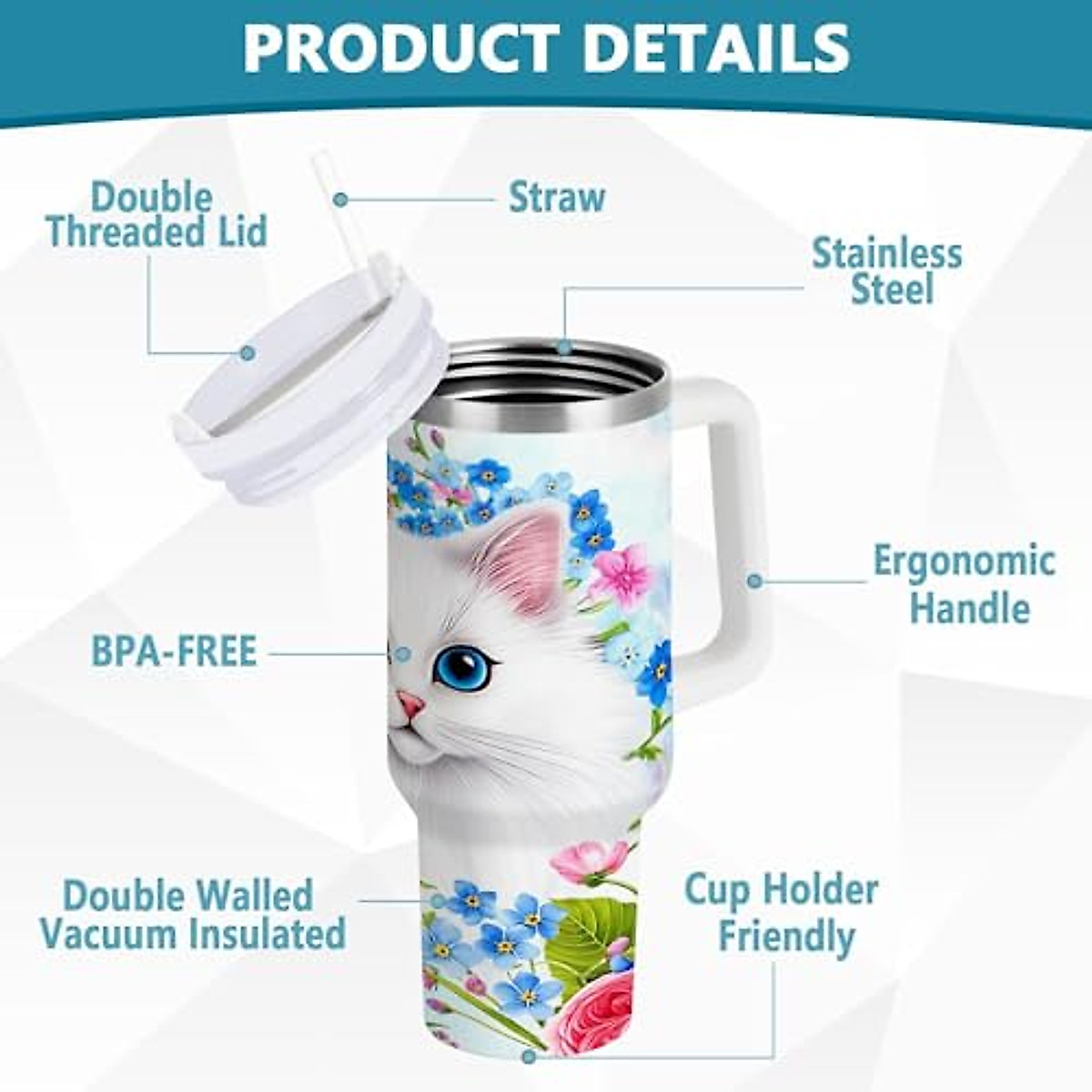 Cozy White Cat Rose 40 Oz Tumbler with Handle, Stainless Steel Cups with Lid, Travel Coffee Tumbler