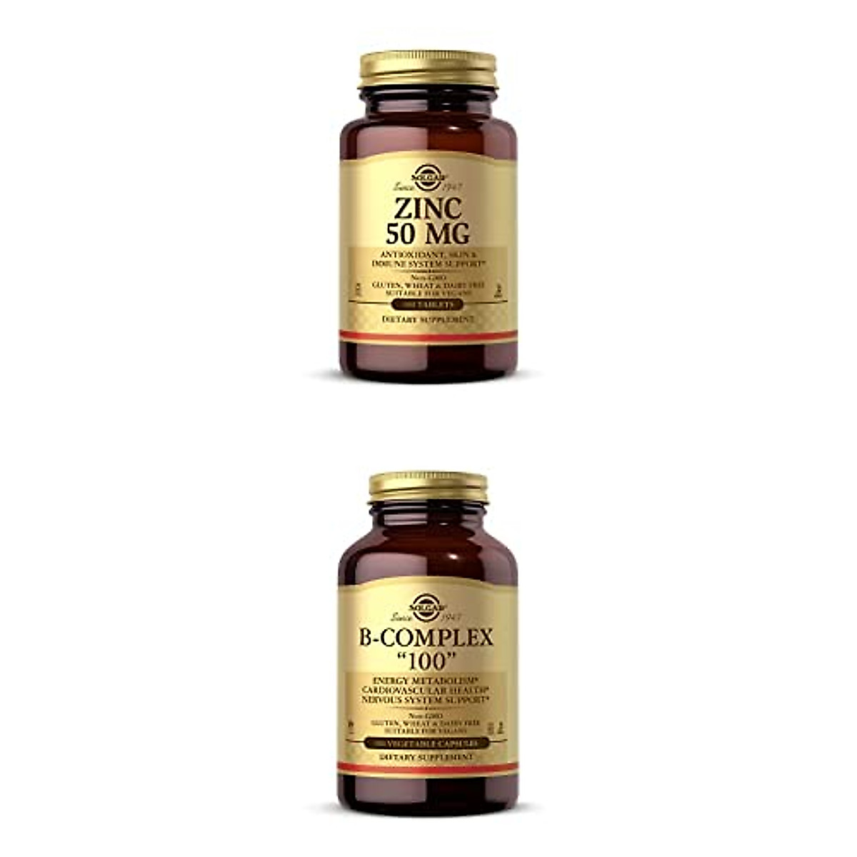 Solgar Zinc 50 mg, 100 Tablets - Zinc for Healthy Skin, Taste & Vision +Solgar B-Complex "100", 100 Vegetable Capsules - Heart Health