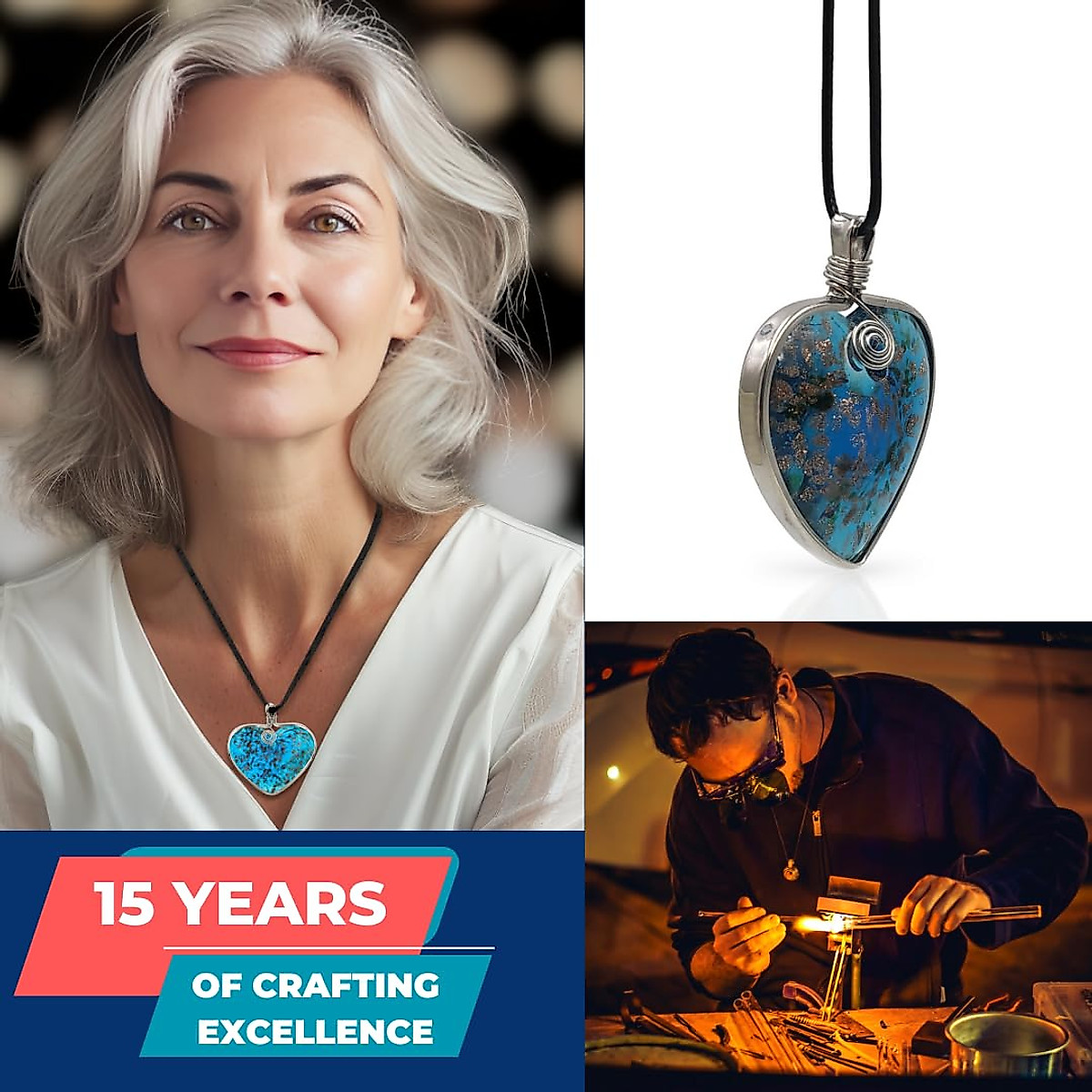 BESHEEK Handmade Murano Inspired Metal Frame Blown Glass Lampwork Art Pendant Necklace for Women│ Handcrafted Artisan Hypoallergenic Italian Style Jewelry (Blue and Gold Heart)
