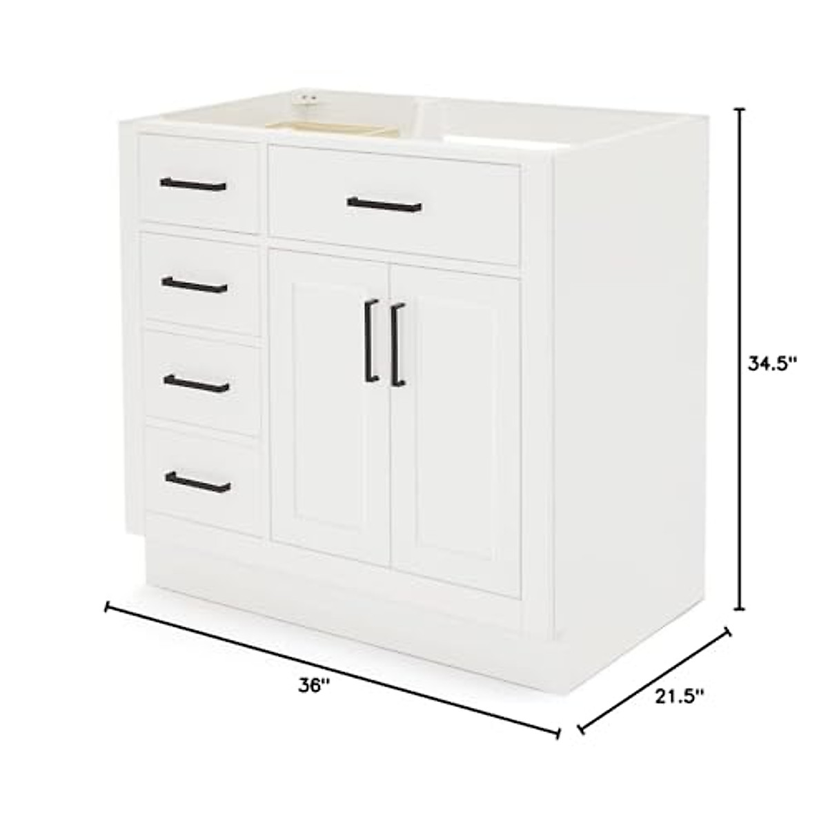 ARIEL Hepburn Bathroom Vanity Base Cabinet 36" White, Right Offset Sink Configuration, 2 Soft Closing Doors, 5 Full Extension Dovetail Drawers, Toe Kick, Matte Black