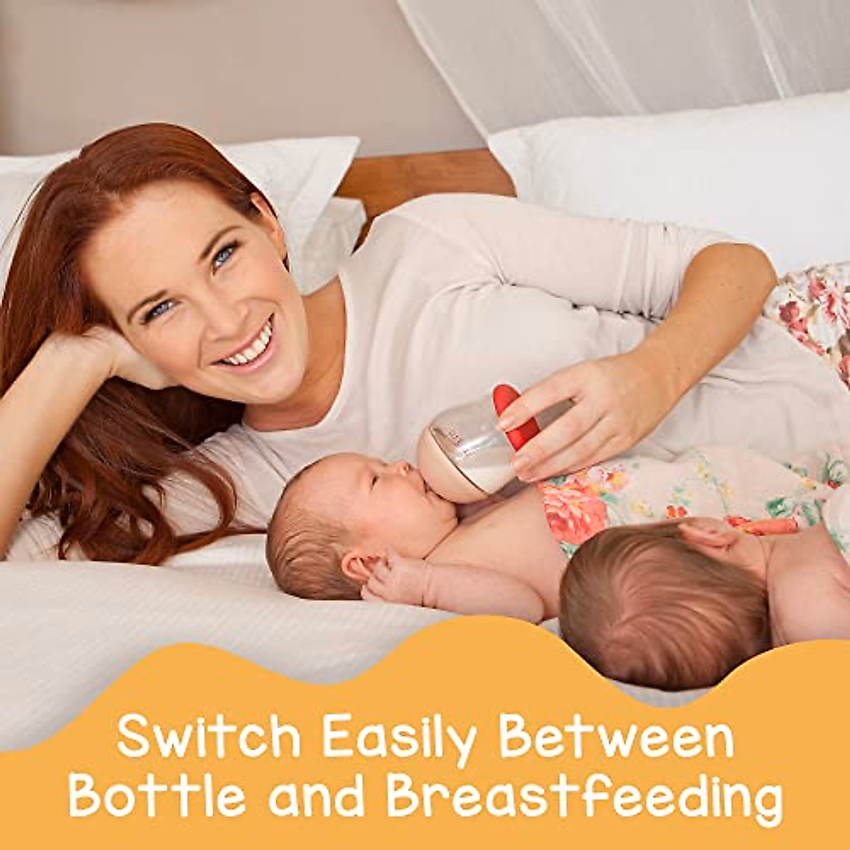 mimijumi Baby Bottle Starter Set (6 pcs.) Anti-Colic Baby Bottles for Breastfed Babies - 4 oz and 8 oz Breastfeeding Bottles, Bottle Travel Caps - Lighter and Darker Bottle Nipples (Lighter)