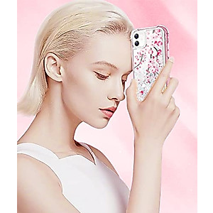 Caka Case for iPhone 11 Glitter Case Flower Bling Liquid Protective Full Body Heavy Duty with Built in Screen Protector Love Glitter Pink Blossom for Women Girl Case for iPhone 11 (6.1 inch)(Cherry)