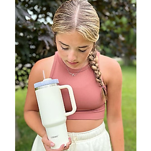 40 OZ Insulated tumbler with straw, Double Vacuum Stainless Steel Water Bottle for Home, Office or Car - Iced Coffee Cup Reusable,Thermos Travel Coffee Mug,Keep Hot/Cold for Hours (Cream)