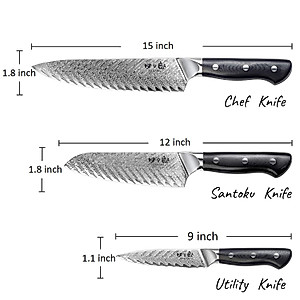 SIXILANG Knife Set, 3 PCS Professional Damascus Chef Knives, 67 Layer Japanese AUS10 Steel Core Forged Kitchen Knives, Well-Balanced Full Tang Handle Triple Rivet Handle - Black Gift Box