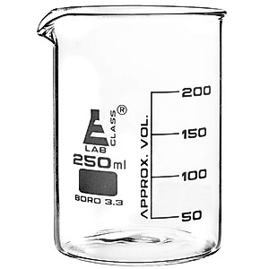 EISCO Beaker, 250ml - Griffin Style, Low Form with Spout - White, 50ml Graduations - Borosilicate 3.3 Glass